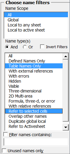 Name Manager Filters